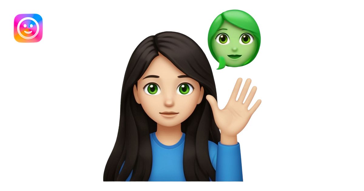 Animated girl dark long hair green eyes emoji holding right side of the ...