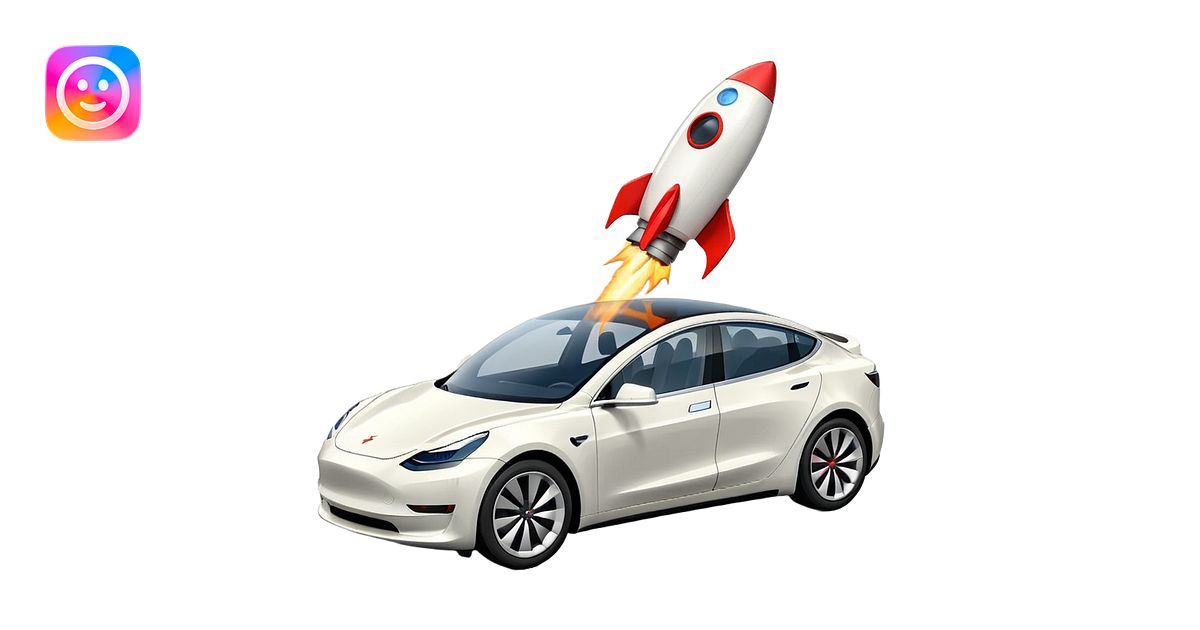 Tesla model 3 white. Icon. Rocket boost on roof emoji | AI Emoji Generator
