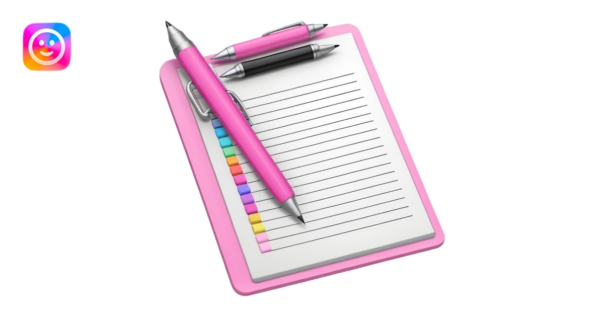 create a pink exam paper with pens and stuff emoji | AI Emoji Generator