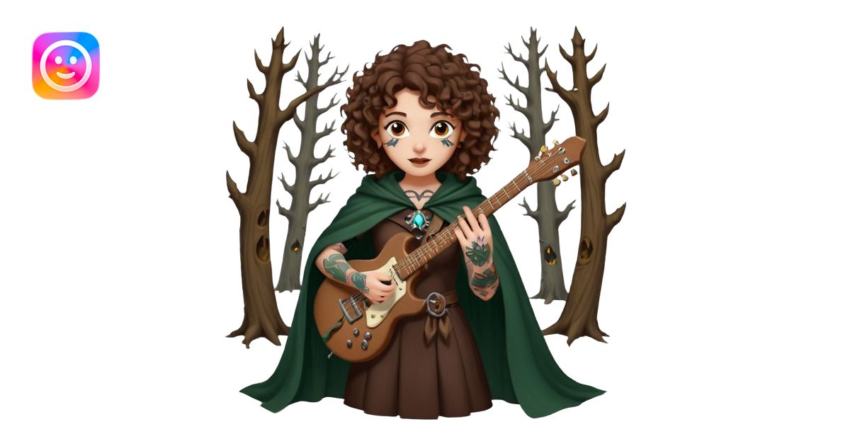 Brown eyes, brown hair curly forest witch playing electric guitar ...