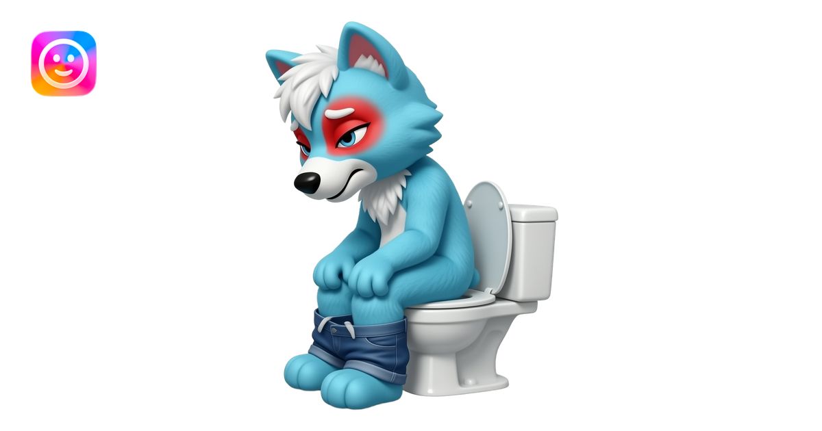blue fursuit sitting on toilet, side view, pants down, straining red ...