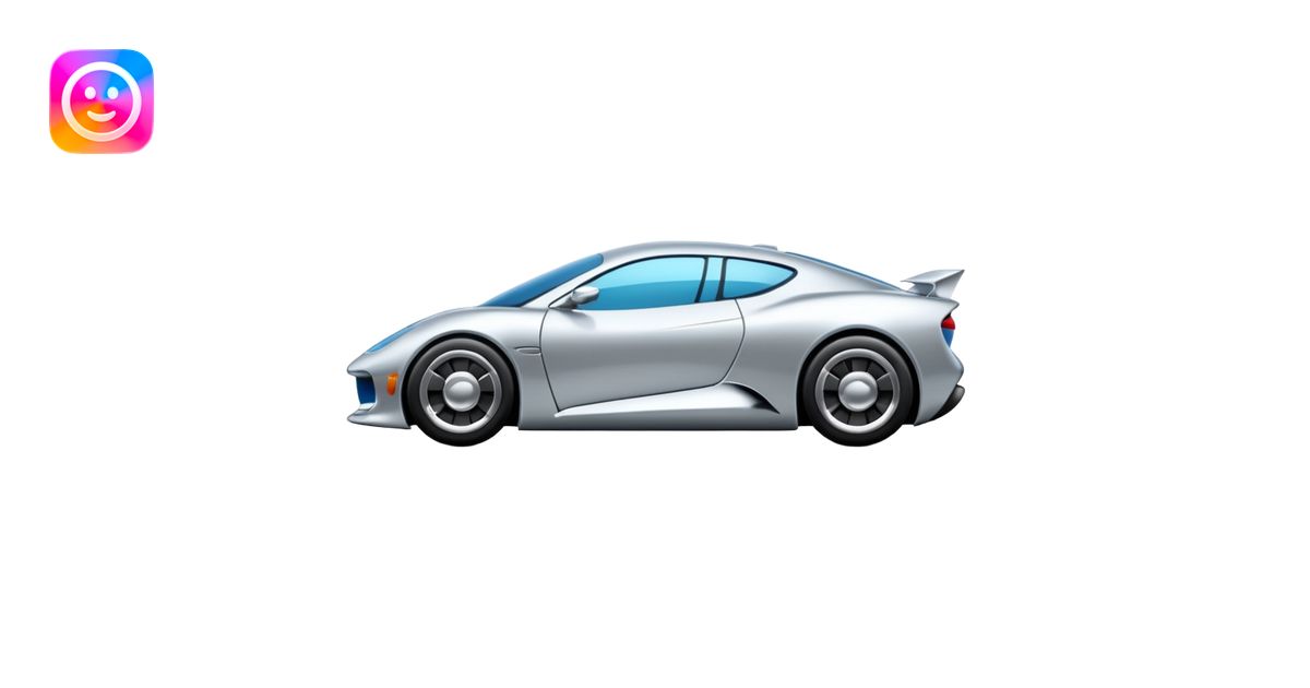 A low-profile futuristic car emoji made of polished silver chrome, wide ...