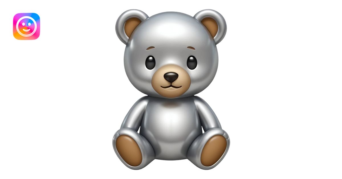A cute teddy bear emoji made of liquid silver chrome, smooth rounded ...
