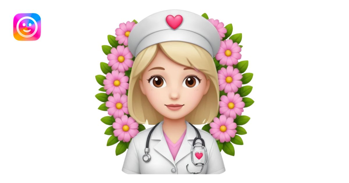 Nurse with pink heart and flowers surround her emoji | AI Emoji Generator