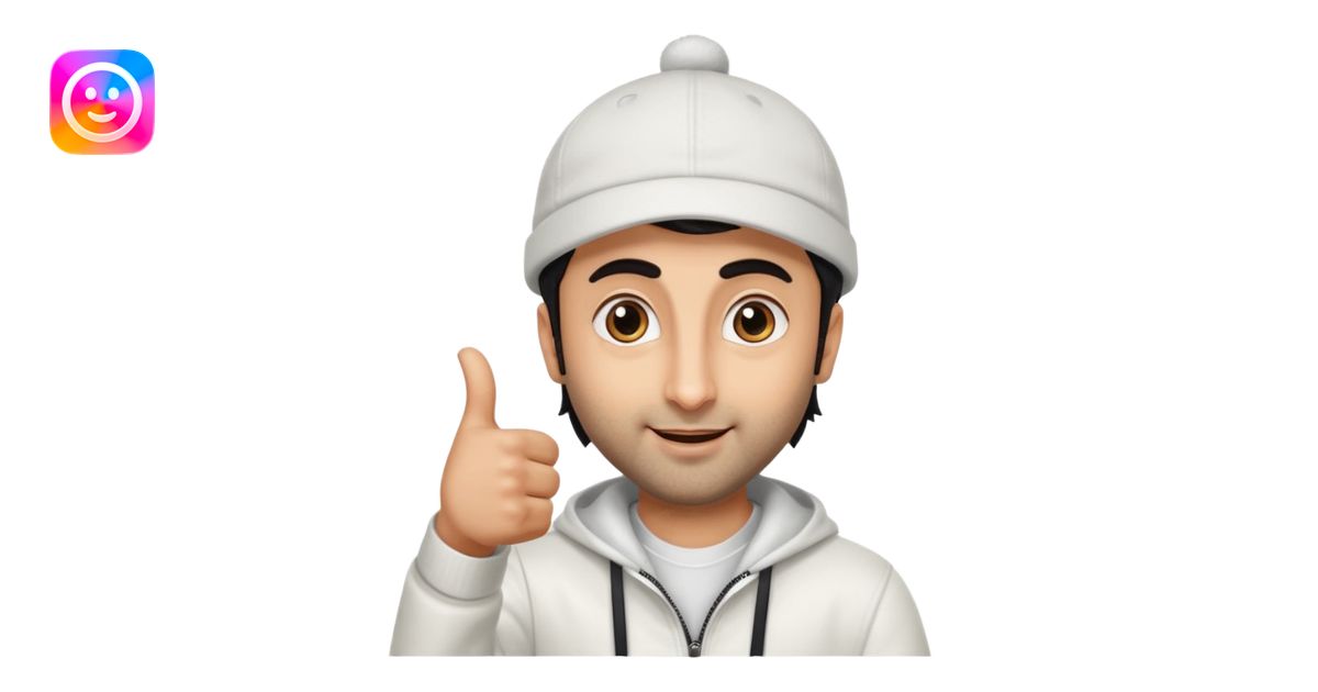 generate a pretty bratz emoji of ranbir kapoor wearing a white cap and ...