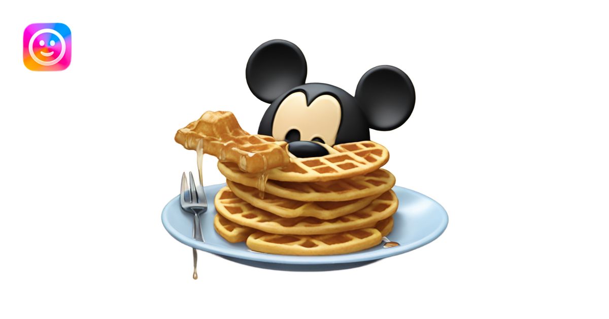 Mickey Mouse eating waffles with syrup happy emoji | AI Emoji Generator
