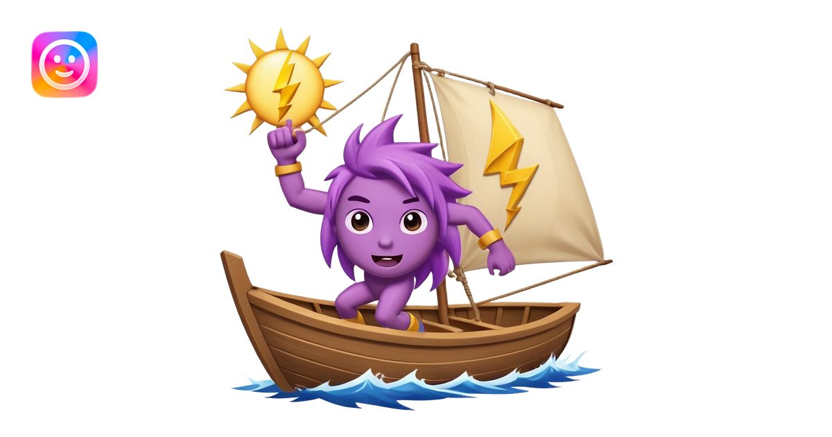 a buff purple anthropamorphic lightning bolt sailing away on a boat ...