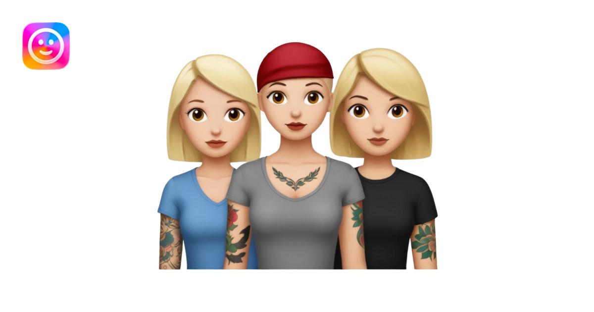 throuple blonde femaleand brunette female with bald tattooed emoji | AI ...