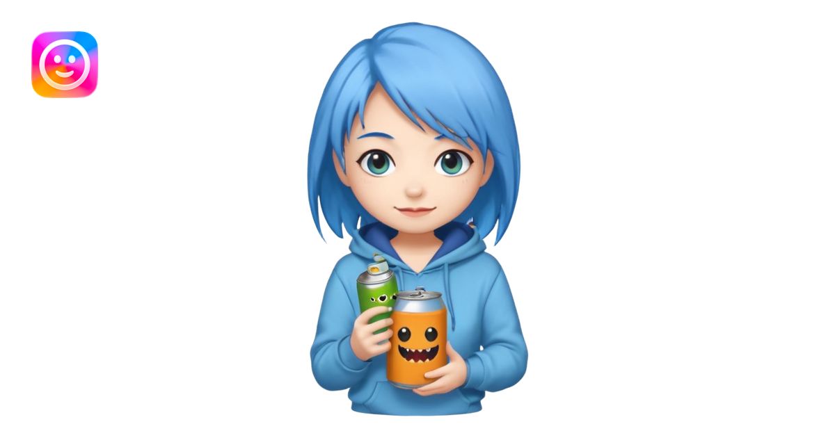 Chibi sticker of a woman with powder blue hair with white eyes hold a ...
