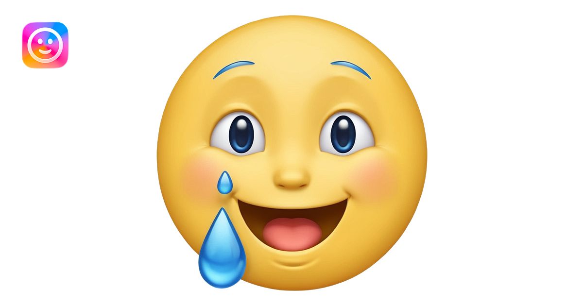 Emoji, yellow round laughing face, blue tears of joy on it. 2 big blue ...
