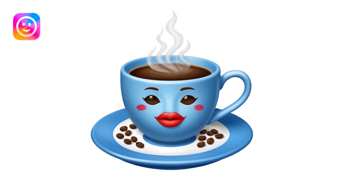 A steaming cup of coffee is visible. The blue cup has a kissing lips ...