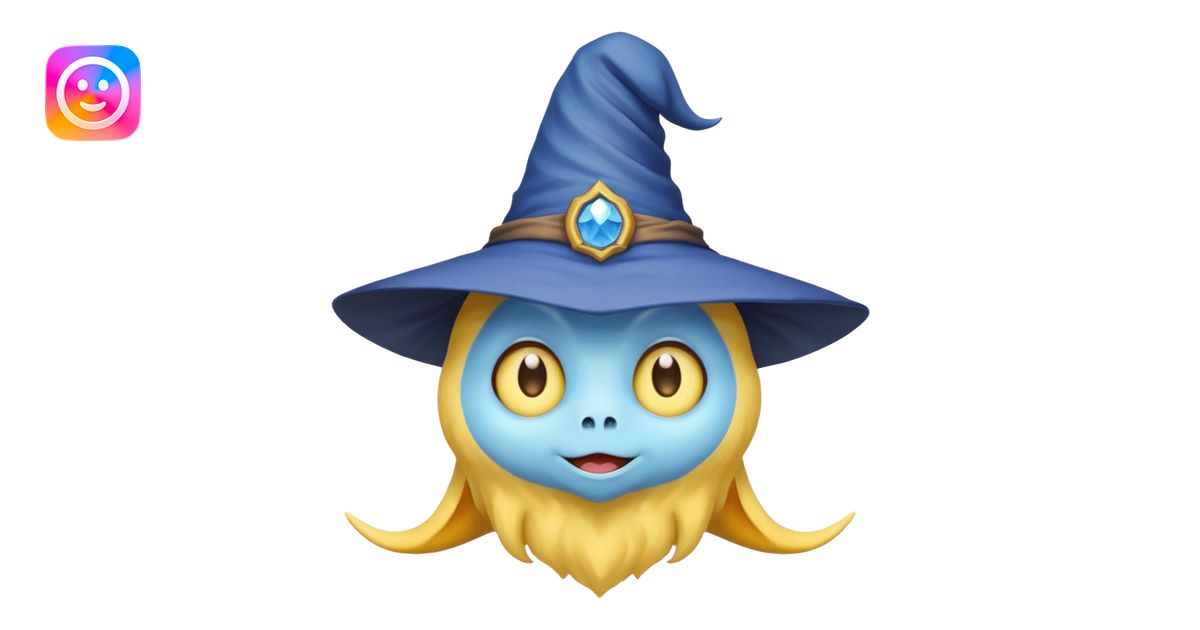 cute monster with white body, yellow tail, wearing blue sky witch hat ...