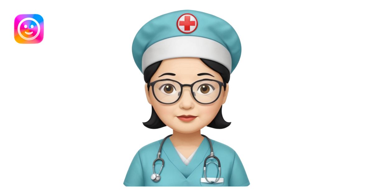OLD ASIAN WOMAN WITH GLASSES, NURSE SCRUBS, CAP, BLACK HAIR, CHUBBY ...