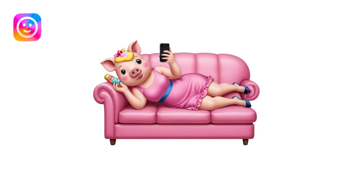 lady pig wearing pink kawaii dress reclining on couch scrolling on an ...