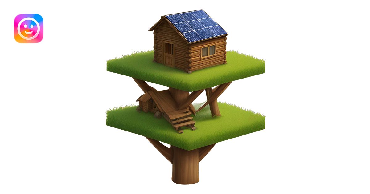 Wood Cabin near tree, 5 stories tall solar, grass field emoji | AI ...