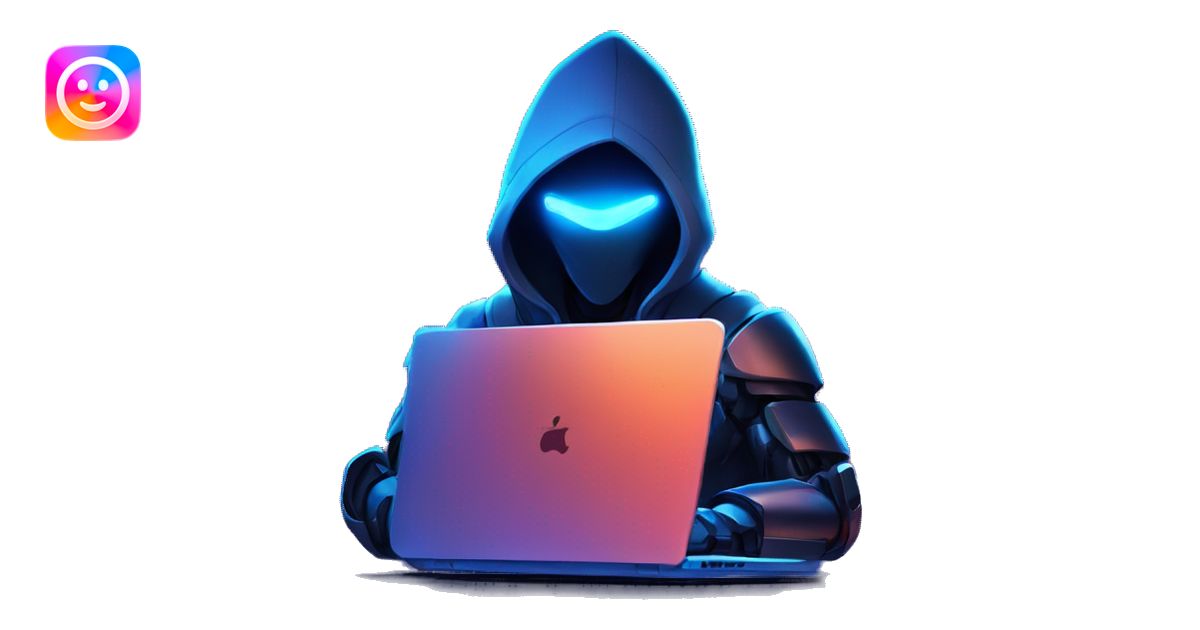 Side view developer robot behind his laptop with this style : Riot ...