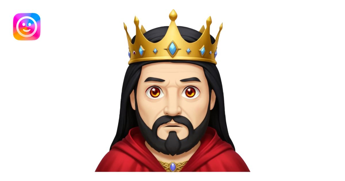 an old king with yellow skin, red eyes, 60 years old, black hair, black ...