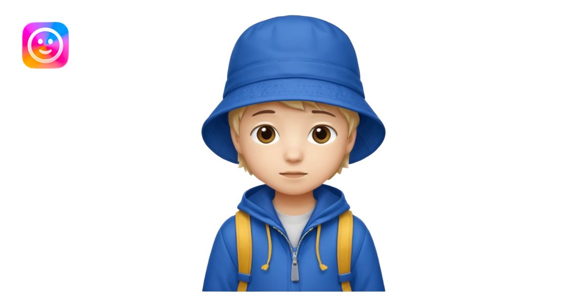 Little student wears blue bucket hat and jacket, backpack, shy emoji ...