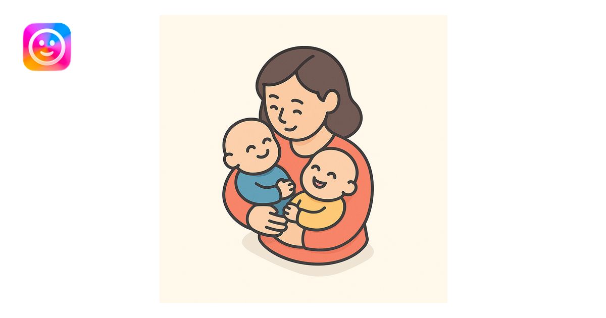 a mother hugging two babies close to her chest, both babies smiling, 2D ...