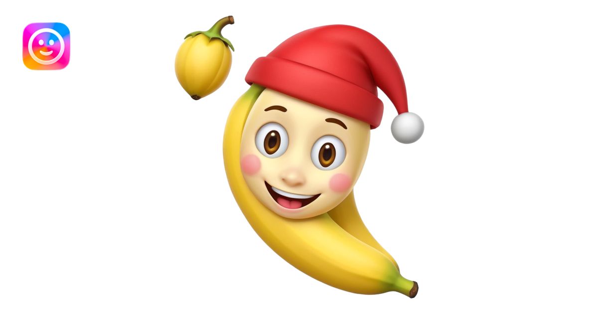 A 3D cartoon banana with a red nose and tiny hat, smiling face, playful ...