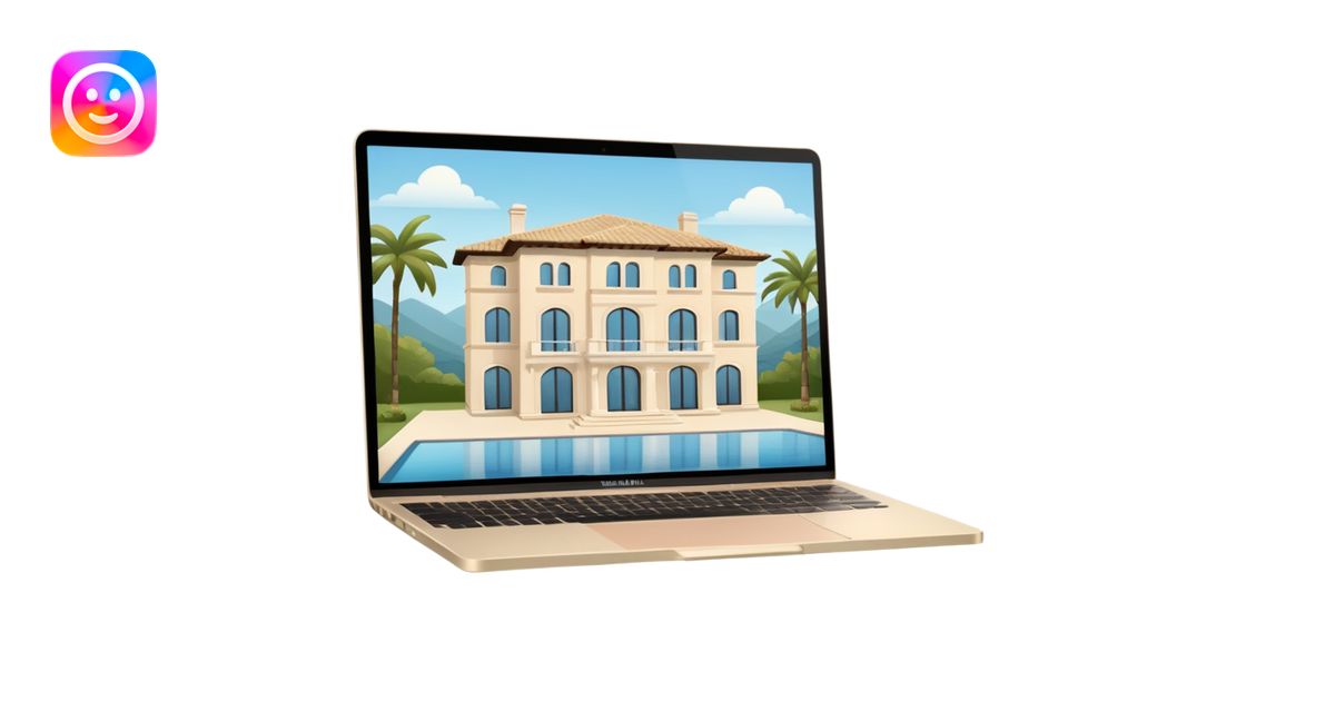 light beige open macbook sideways with luxury villa on screensaver ...