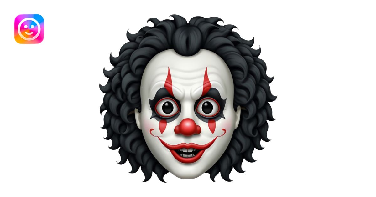 generate white clown mask emoji with a big curly black hair black ...