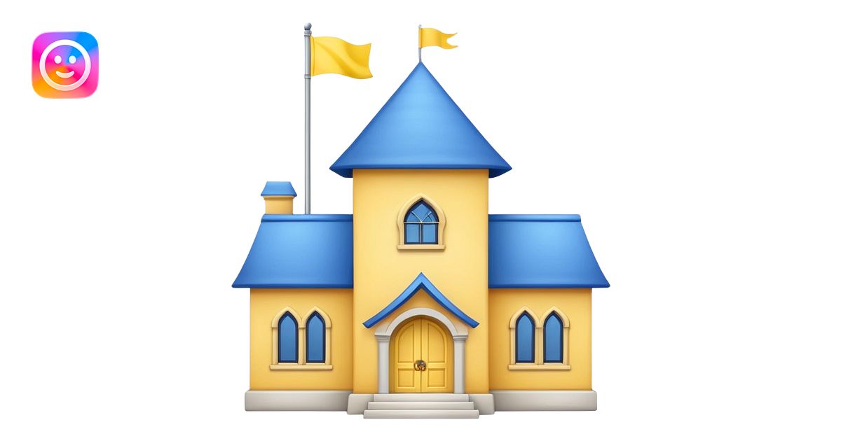 white background, magic school, with a flag, flag on a roof, yellow ...