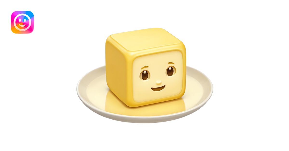 A 3D cartoon yellow butter block on a dish with soft light, Memoji ...