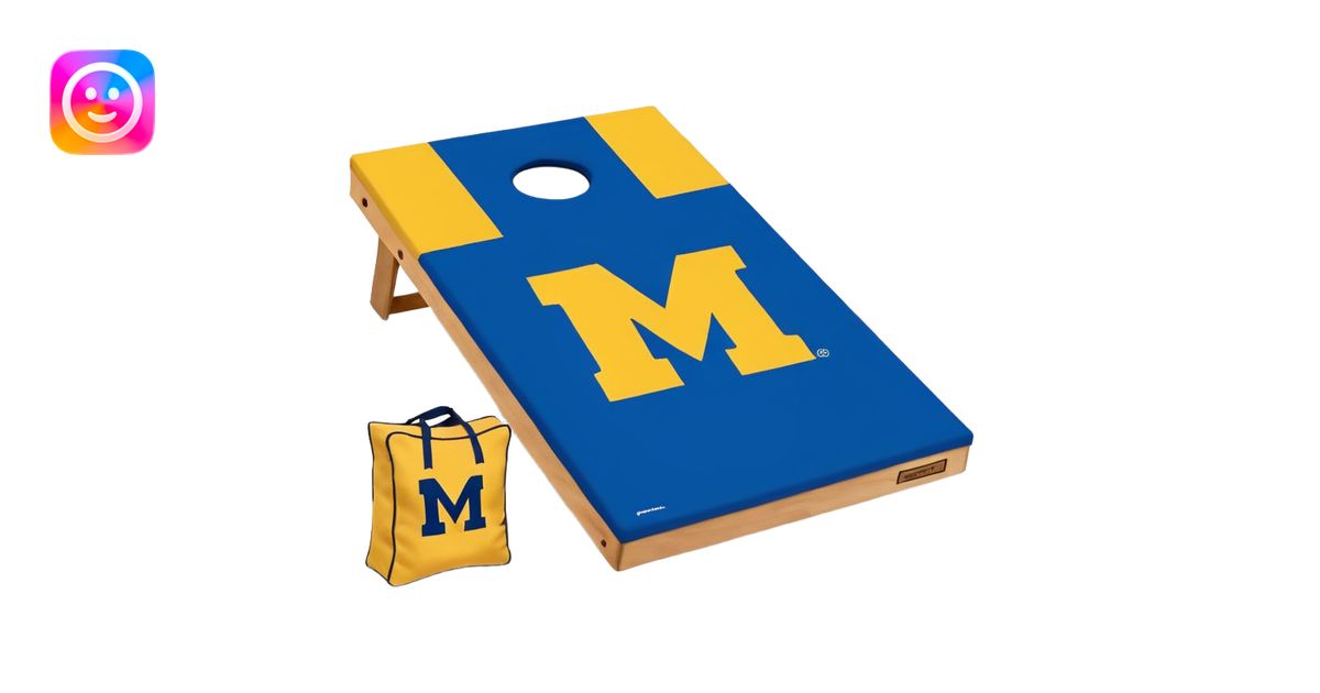 Cornhole board blue and yellow with Michigan “M” With a cornhole bag ...