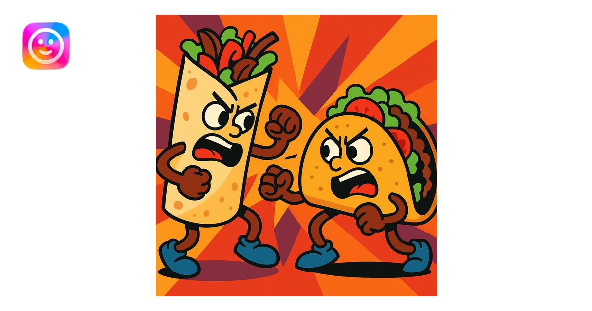 a fajita and a taco in a playful fight, cartoon style, vibrant colors ...