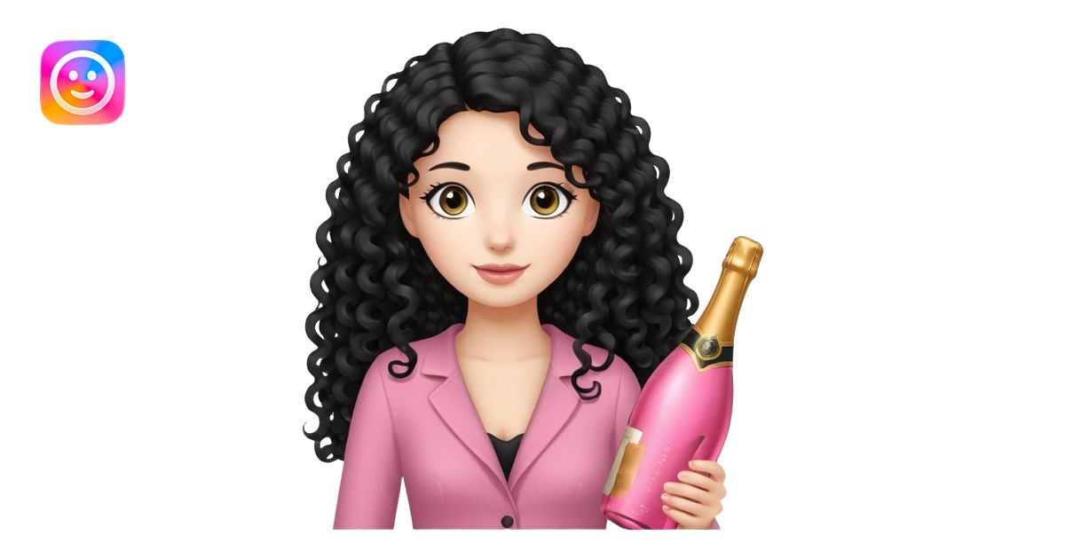 girl with long black curly hair and grey eyes with bottle of pink ...