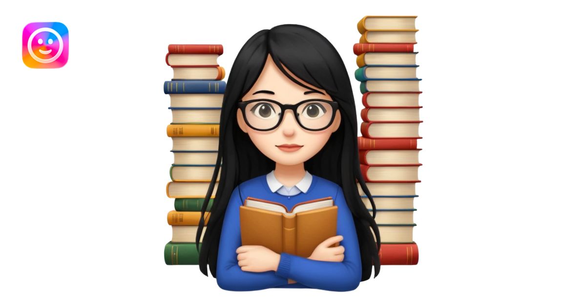 lecture girl with fringe long black color hair with lots of books emoji ...