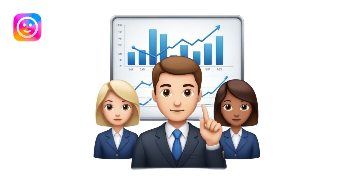Professional leader with chart showing growth, presenting to team emoji ...