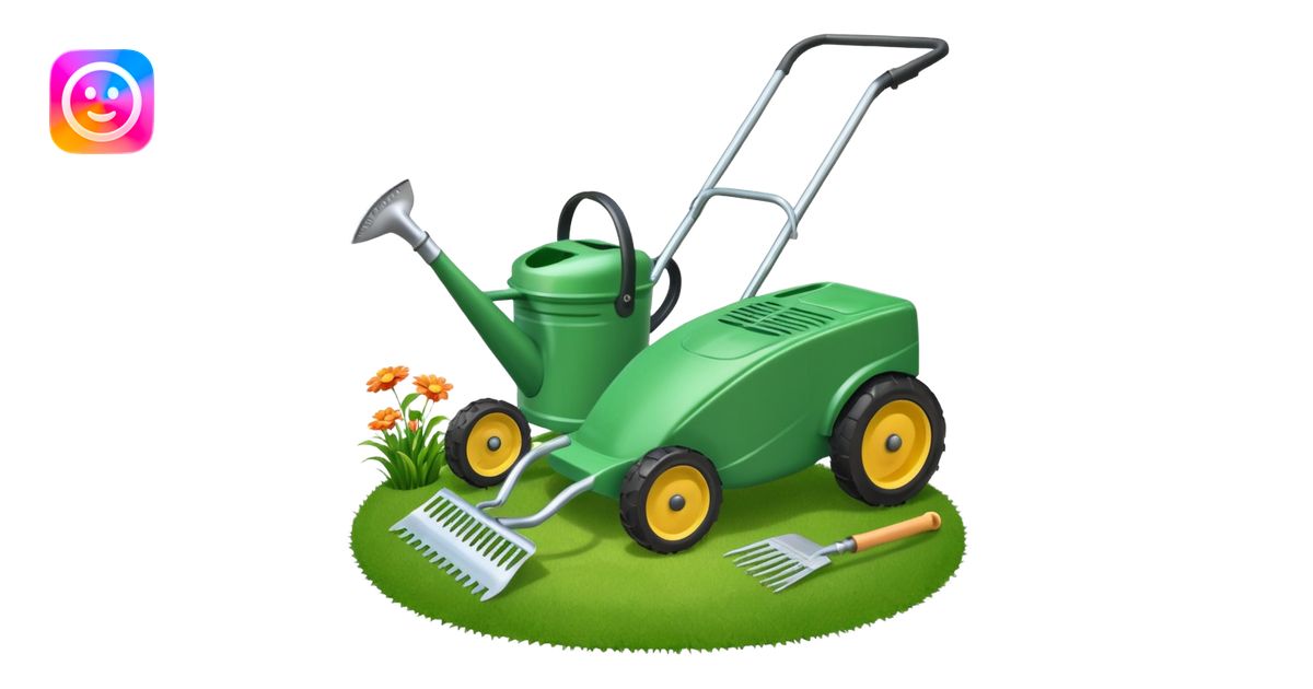 Lawn mower, rake, and watering can grouped together with a few grass ...