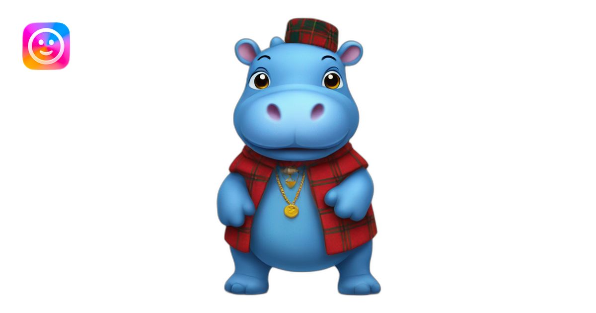 Blue hippo in traditional Scottish red clothing emoji | AI Emoji Generator