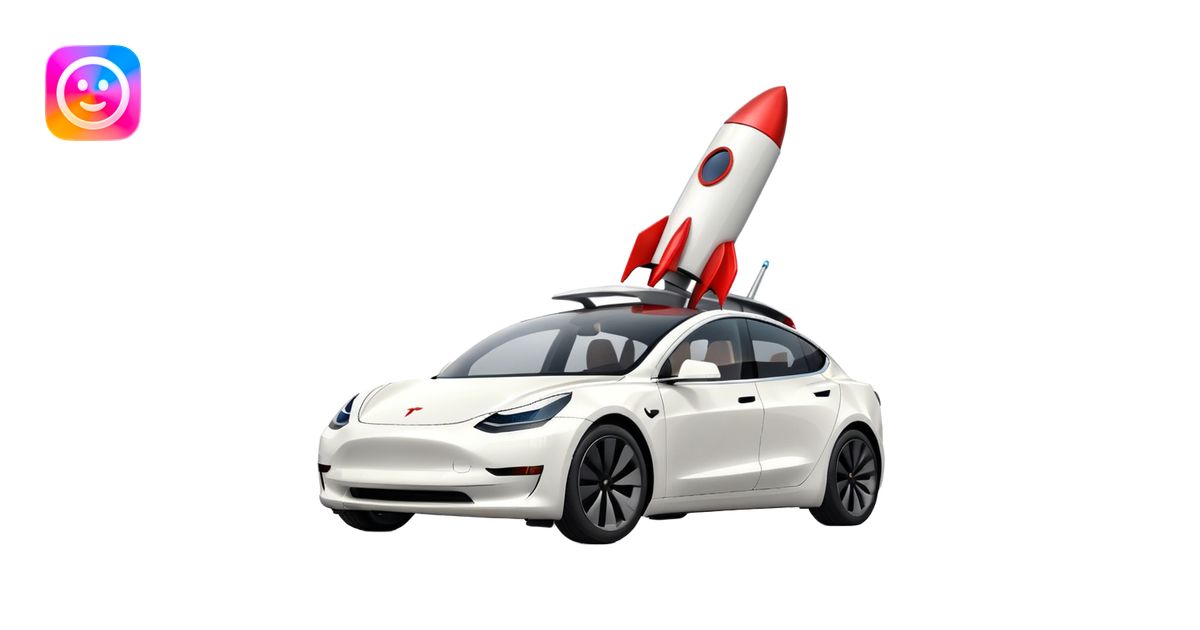 Tesla model 3 white. Rockets mounted on roof emoji | AI Emoji Generator
