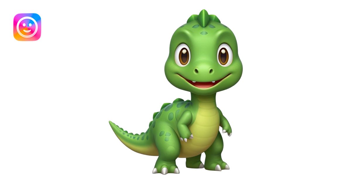 Cute green dinosaur emoji with round body, big eyes, small arms, soft ...