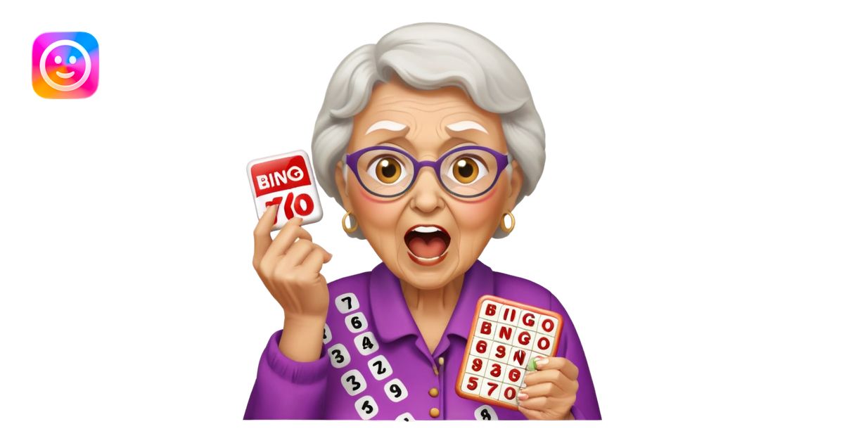 Grandma yelling BINGO holding bingo card emoji | AI Emoji Generator