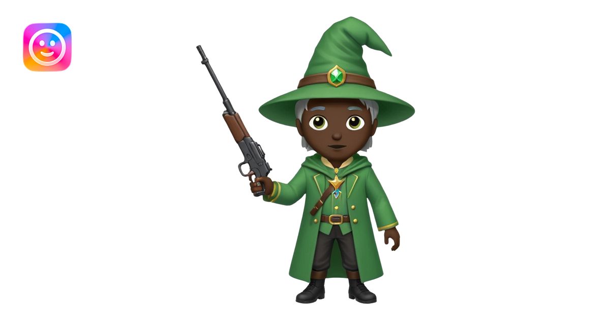A wizard 🧙 wearing green clothes, with black skin, holding a pistol 🔫 ...