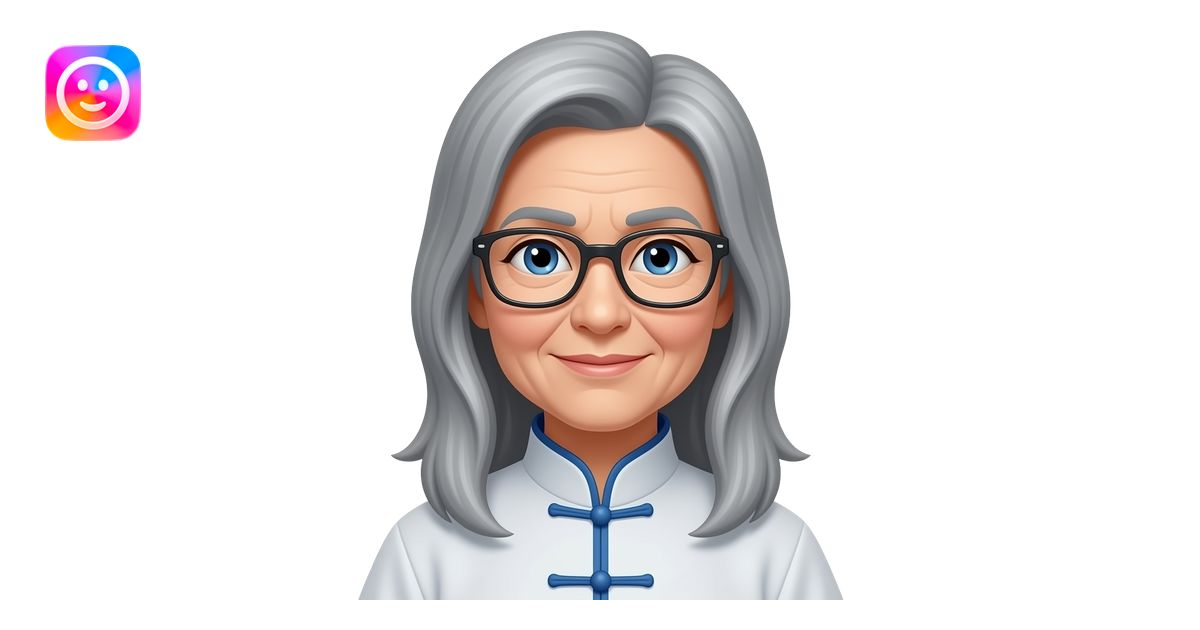 60 years taichi lady medium-long gray hair blue eye and glass emoji ...