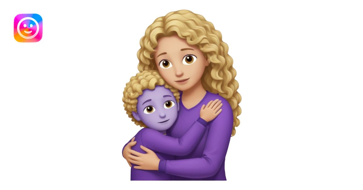 a mother with blond curly long wearing purple hugging his son with ...