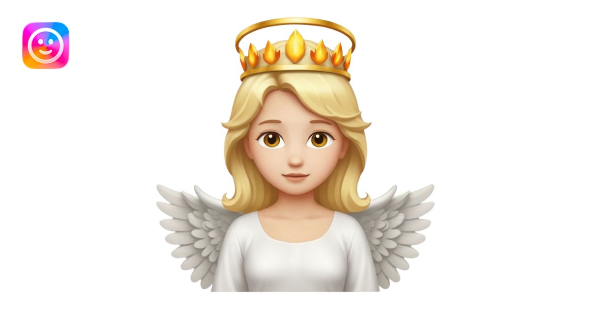 Emoji-style angel: blonde hair, golden flame crown, halo, large ...