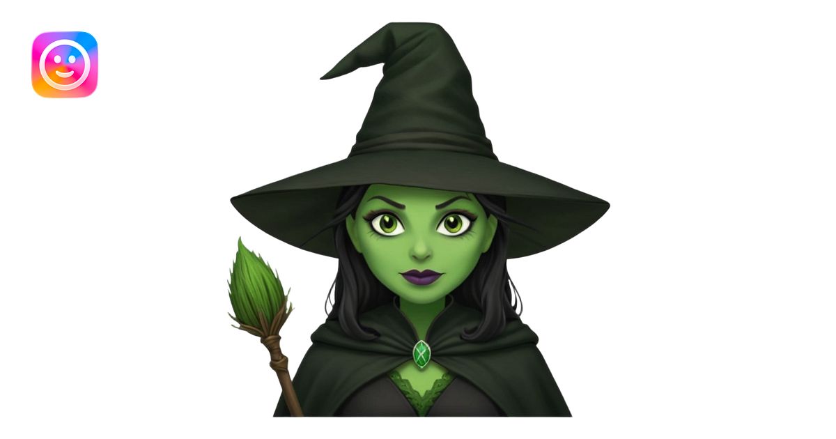 elphaba wicked witch with broom close up, evil dark coily long dark ...