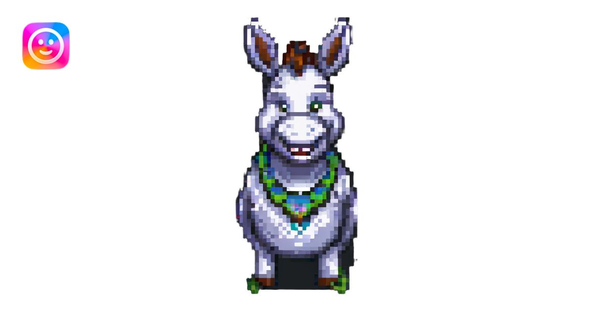 donkey from Shrek, smiling, friendly expression, pixel art illustration ...