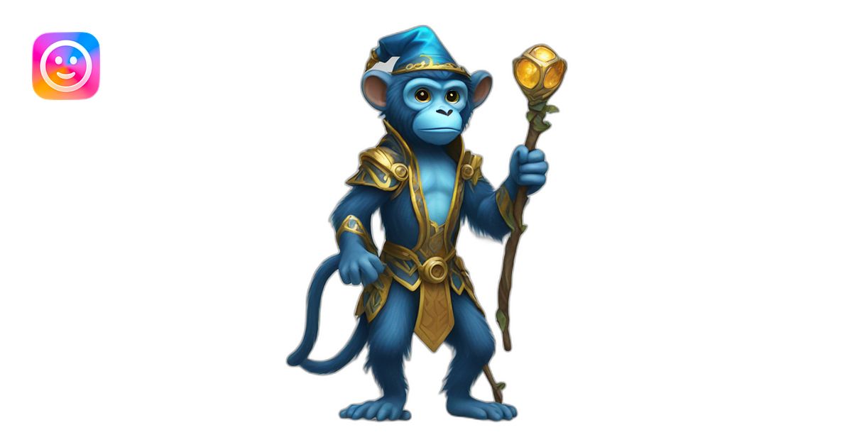 Blue Monkey wizard with wand and walkingstick emoji | AI Emoji Generator