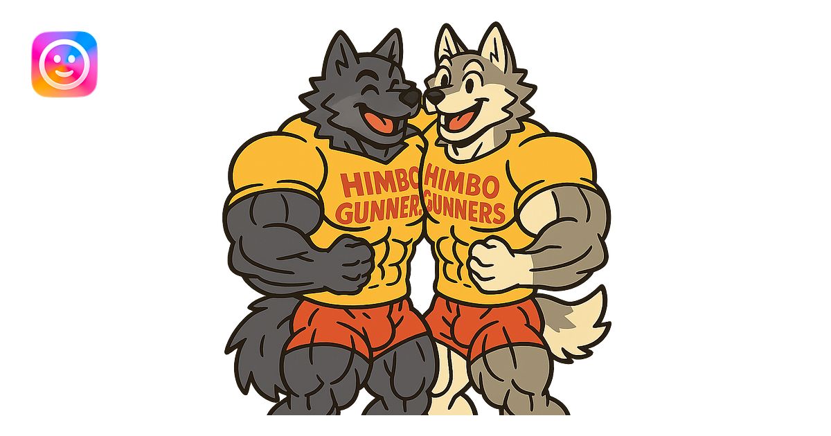 pair of ultra-muscular wolf furries wearing 'Himbo gunners' t-shirts ...