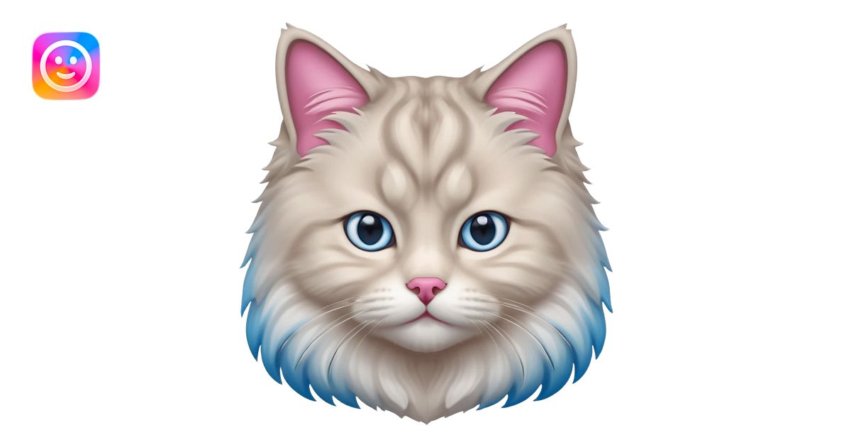 Fluffy Siberian cat face emoji, white and grey long hair, bright blue ...