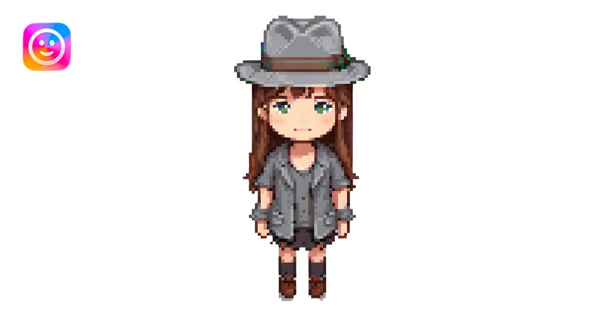 girl with brown hair wearing a grey fedora, pixel art style ...
