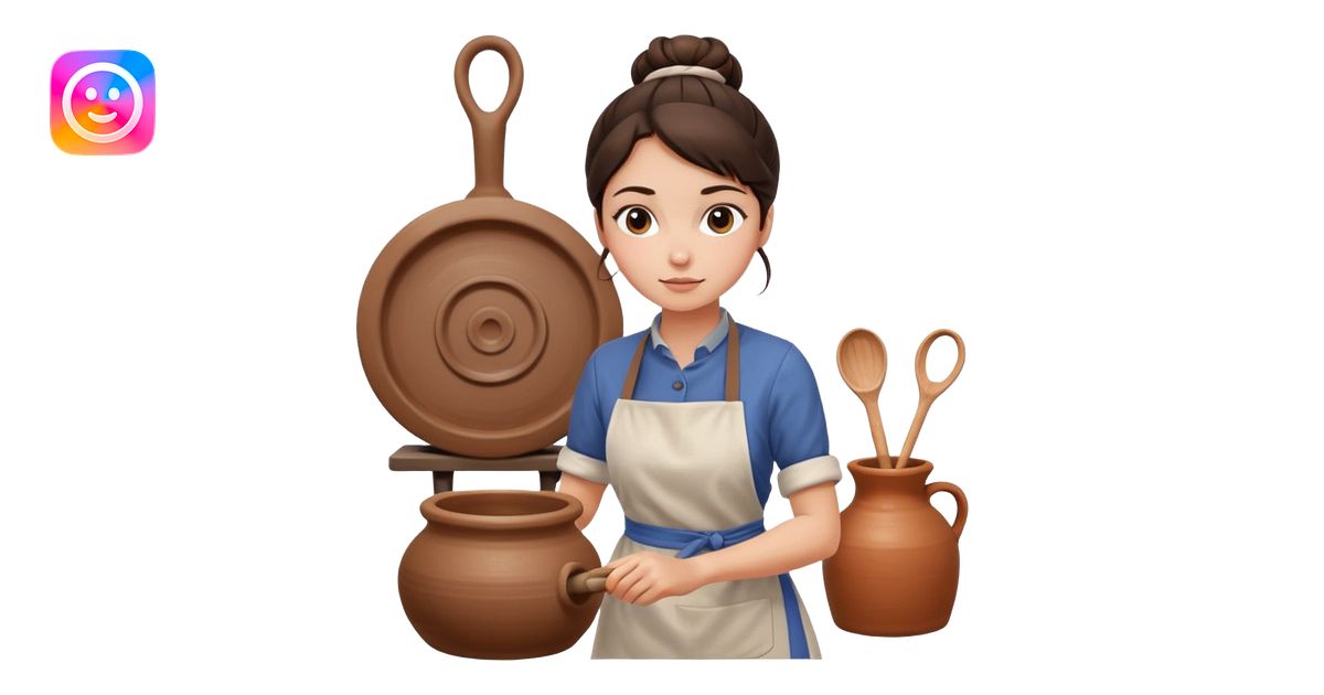 Brunette girl with bun, behind pottery wheel emoji | AI Emoji Generator