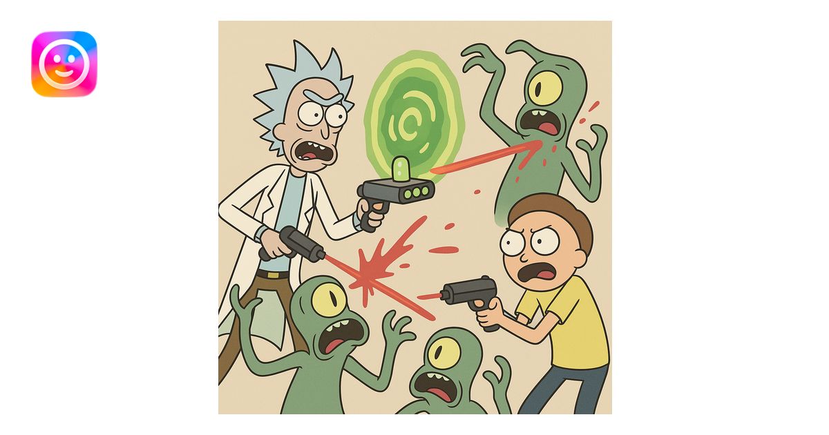 Rick and Morty killing Aliens with Portal gun illustration | AI Emoji ...